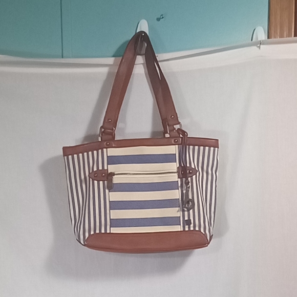 boc | Bags | Boc Blue White Striped Canvas With Brown Leather Purse ...